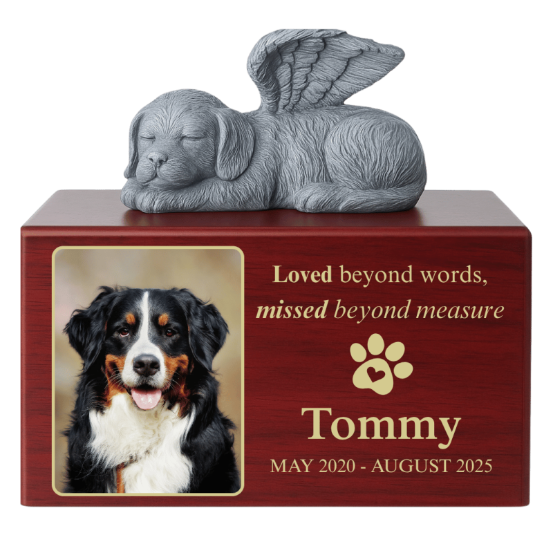 Wooden Dog Urn Box with Angel Statue & Photo Tribute