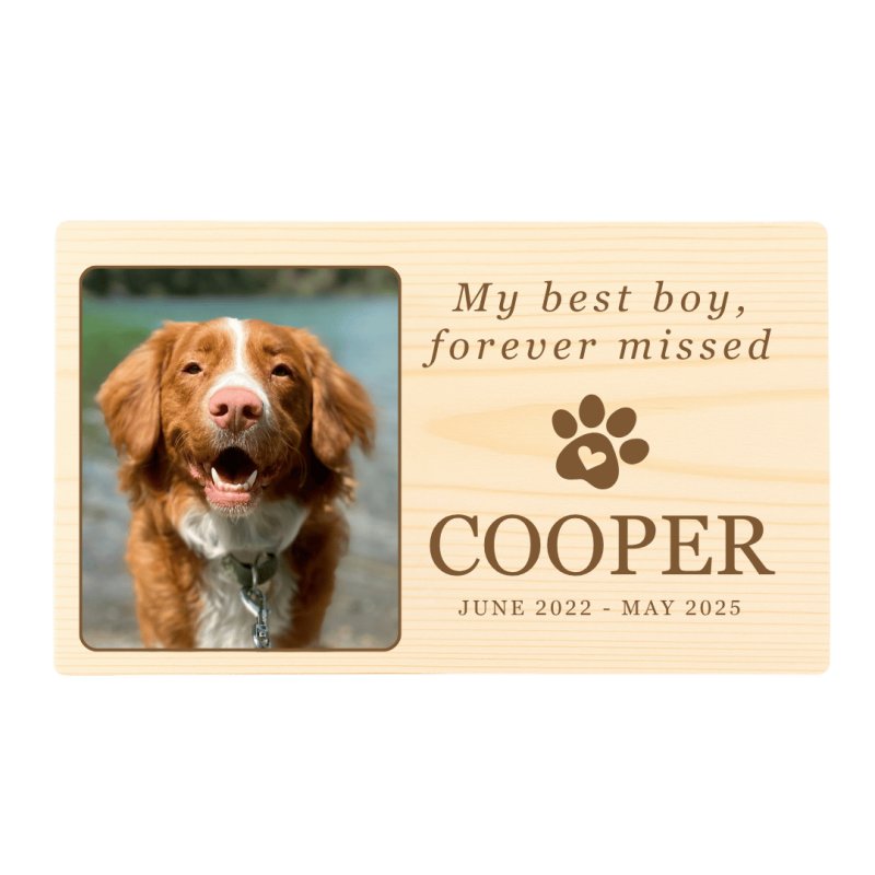 Light Wood Dog Urn with Photo – Personalised Memorial Box with tribute